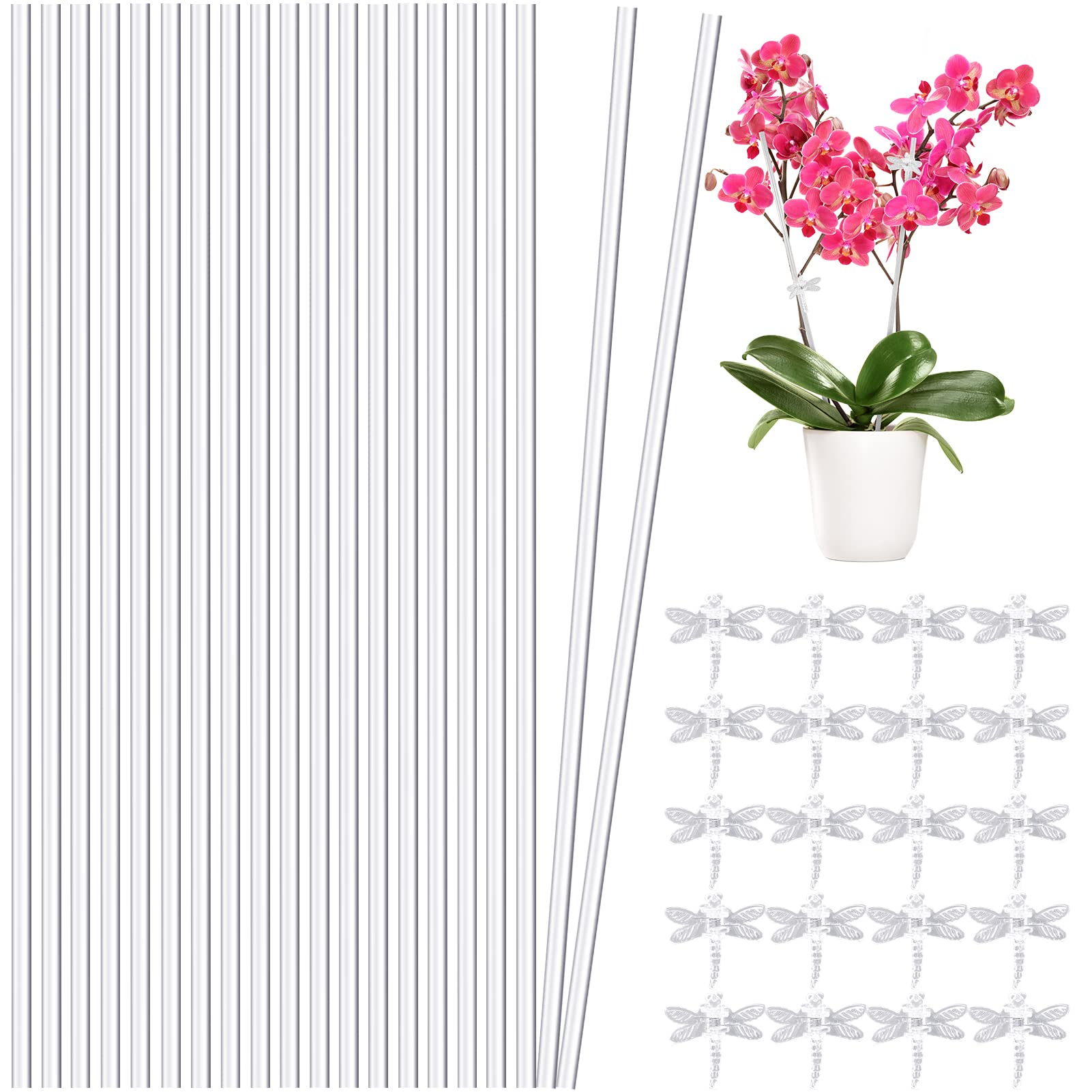 Aboofx 20 Pieces 16 Inch Plant Stakes Acrylic Plant Stakes Garden Stakes Orchid Stakes, Clear Plant Sticks Plant Support Stakes with 20 PCS Clear Dragonfly Orchid Clips for Indoor and Outdoor Plants