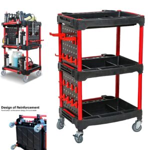 Ulable Auto Detailing Tool Cart, 3-Tier Utility Rolling Shop Cart with Side Hanging Plate and Hooks, Car Washing Cleaning Cart Organizer for Storing Your Tools, Tool Carts for Beauty Shop and Workshop