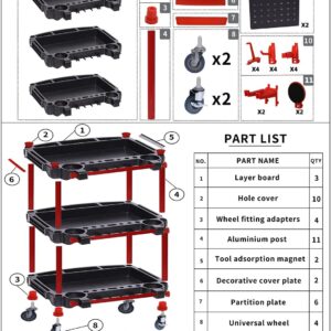 Ulable Auto Detailing Tool Cart, 3-Tier Utility Rolling Shop Cart with Side Hanging Plate and Hooks, Car Washing Cleaning Cart Organizer for Storing Your Tools, Tool Carts for Beauty Shop and Workshop