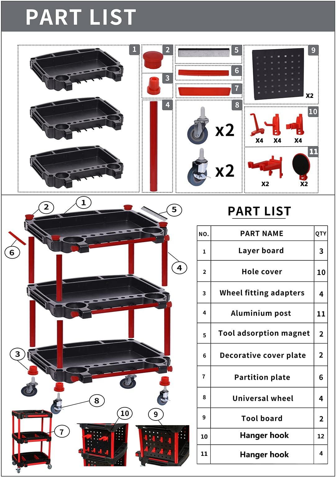 Ulable Auto Detailing Tool Cart, 3-Tier Utility Rolling Shop Cart with Side Hanging Plate and Hooks, Car Washing Cleaning Cart Organizer for Storing Your Tools, Tool Carts for Beauty Shop and Workshop