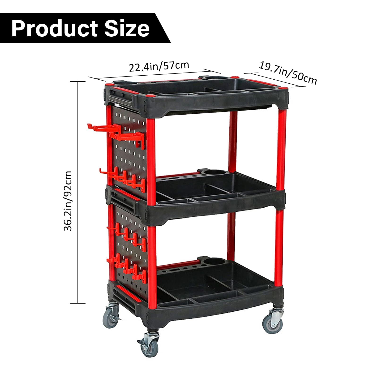 Ulable Auto Detailing Tool Cart, 3-Tier Utility Rolling Shop Cart with Side Hanging Plate and Hooks, Car Washing Cleaning Cart Organizer for Storing Your Tools, Tool Carts for Beauty Shop and Workshop