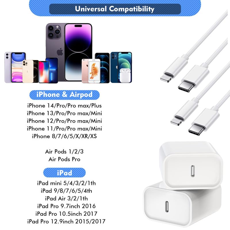 Long Apple iPhone Fast Charger [Apple MFi Certified] 2Pack PD Type C Wall Charger Fast Charging Apple Adapter 6.6FT USB-C to Lightning Cable Apple Chargers for iPhone 14/13/12/Pro/Max/11/XR/8/SE/iPad