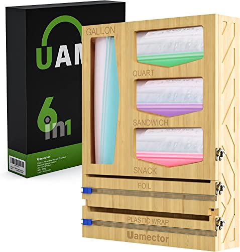 Uamector Bag Storage Organizer for Kitchen Drawer, 100% Natural Bamboo 6 in 1 Bamboo Foil and Plastic Wrap with Cutter, Storage Bag Organizers