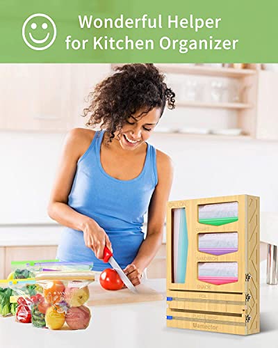 Uamector Bag Storage Organizer for Kitchen Drawer, 100% Natural Bamboo 6 in 1 Bamboo Foil and Plastic Wrap with Cutter, Storage Bag Organizers