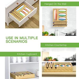 Uamector Bag Storage Organizer for Kitchen Drawer, 100% Natural Bamboo 6 in 1 Bamboo Foil and Plastic Wrap with Cutter, Storage Bag Organizers