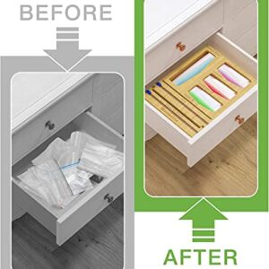 Uamector Bag Storage Organizer for Kitchen Drawer, 100% Natural Bamboo 6 in 1 Bamboo Foil and Plastic Wrap with Cutter, Storage Bag Organizers