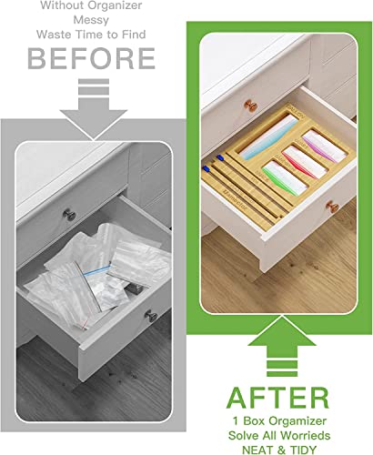 Uamector Bag Storage Organizer for Kitchen Drawer, 100% Natural Bamboo 6 in 1 Bamboo Foil and Plastic Wrap with Cutter, Storage Bag Organizers