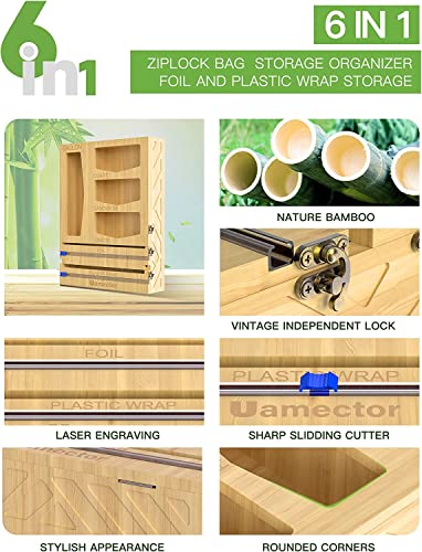 Uamector Bag Storage Organizer for Kitchen Drawer, 100% Natural Bamboo 6 in 1 Bamboo Foil and Plastic Wrap with Cutter, Storage Bag Organizers