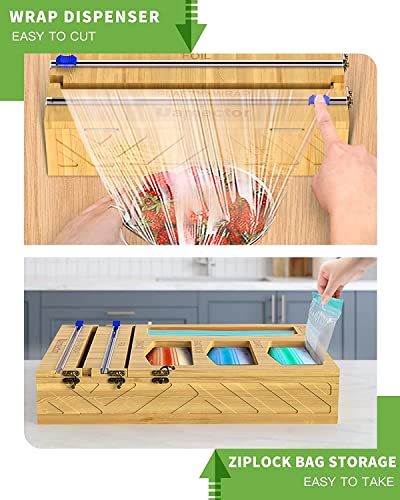 Uamector Bag Storage Organizer for Kitchen Drawer, 100% Natural Bamboo 6 in 1 Bamboo Foil and Plastic Wrap with Cutter, Storage Bag Organizers