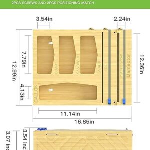 Uamector Bag Storage Organizer for Kitchen Drawer, 100% Natural Bamboo 6 in 1 Bamboo Foil and Plastic Wrap with Cutter, Storage Bag Organizers