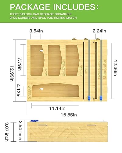 Uamector Bag Storage Organizer for Kitchen Drawer, 100% Natural Bamboo 6 in 1 Bamboo Foil and Plastic Wrap with Cutter, Storage Bag Organizers