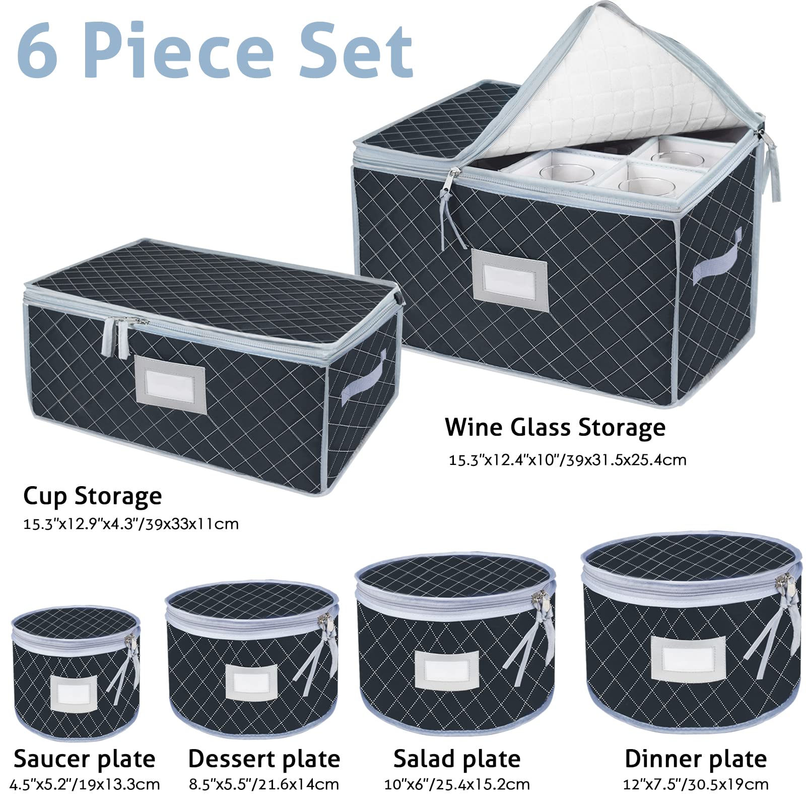 VERONLY China Dinnerware Storage Containers Set- Dish,Mug,Stemware Storage Cases - Quilted Box Bins Stackable with Divider,handles,Clear Window for Cups,Plates,Wine Glasses Moving Set of 6