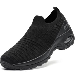 stq walking shoes women with arch support comfortable non slip work shoes breathable slip on sock sneakers all black 9 us