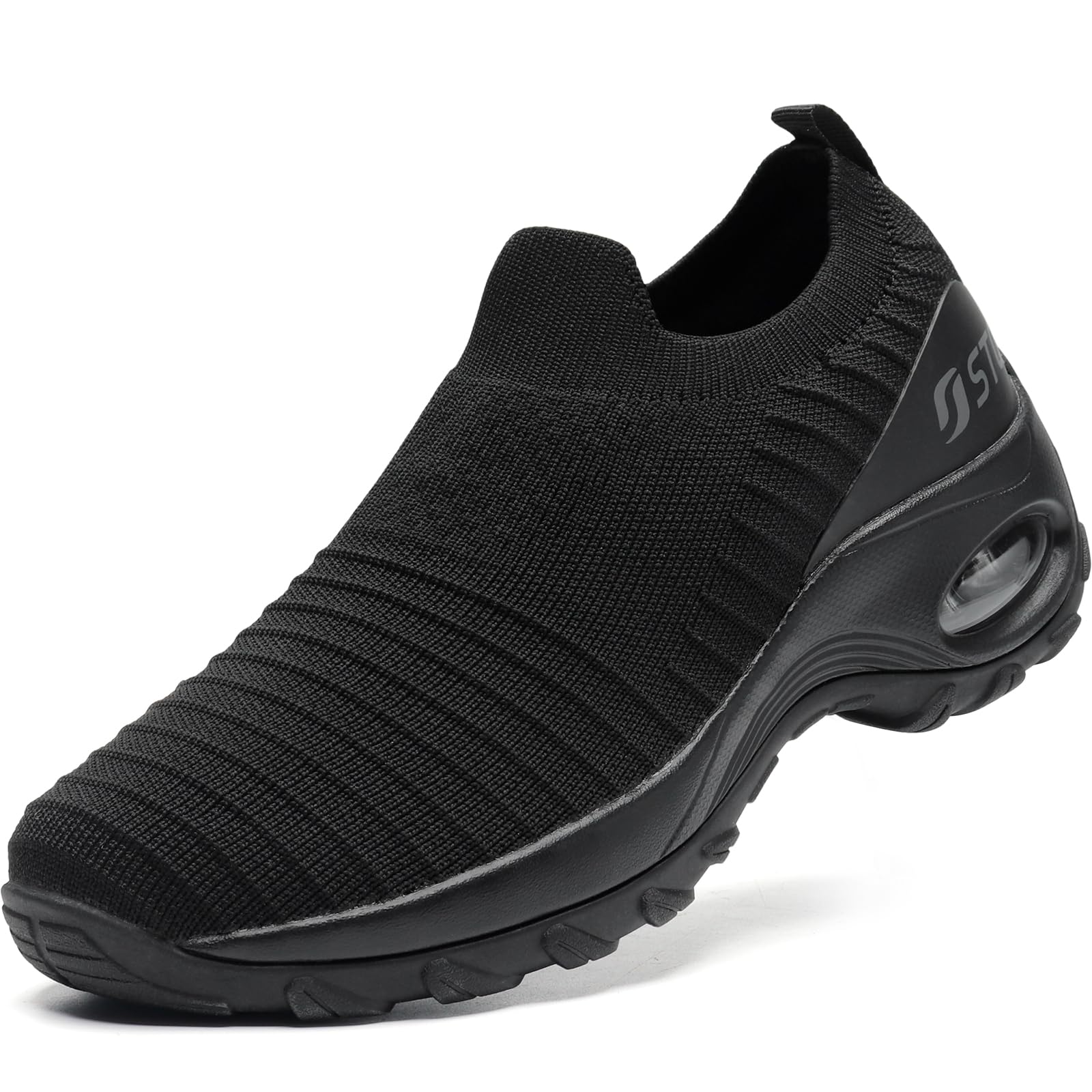 STQ Walking Shoes Women with Arch Support Comfortable Non Slip Work Shoes Breathable Slip on Sock Sneakers All Black 9 US