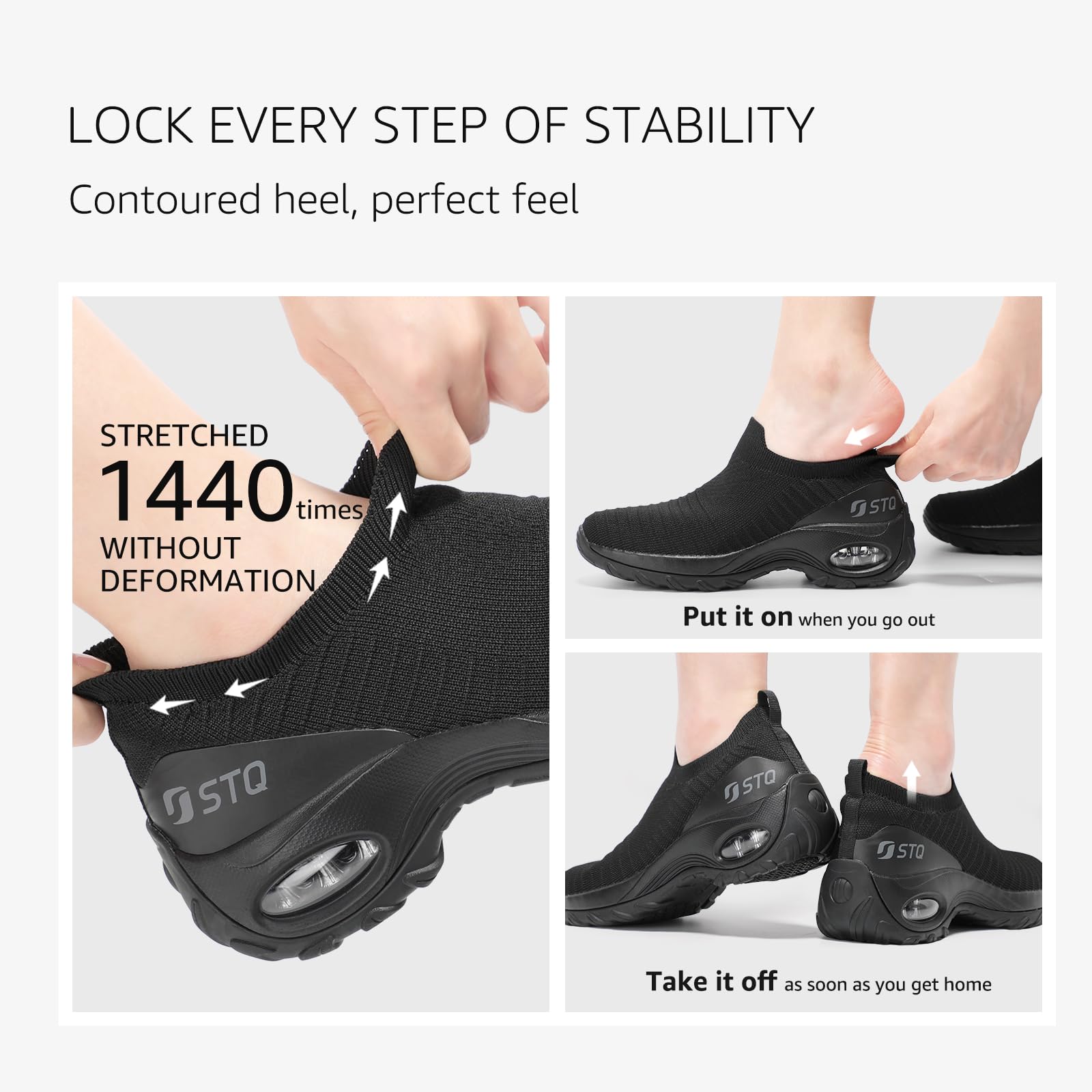 STQ Walking Shoes Women with Arch Support Comfortable Non Slip Work Shoes Breathable Slip on Sock Sneakers All Black 9 US