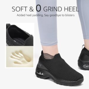 STQ Walking Shoes Women with Arch Support Comfortable Non Slip Work Shoes Breathable Slip on Sock Sneakers All Black 9 US