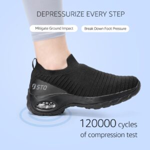 STQ Walking Shoes Women with Arch Support Comfortable Non Slip Work Shoes Breathable Slip on Sock Sneakers All Black 9 US