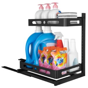 under sink organizer, height adjustable pull-out cabinet organizer, 2-tier slide out sliding shelf under cabinet storage for kitchen and bathroom