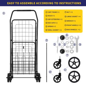 BIEAMA Folding Shopping Cart with Waterproof Liner, Grocery Cart Large Bag with Top Cover, 200 Lb Capacity, Utility Cart with 360° Rolling Swivel Wheels, Medium & Extra Basket