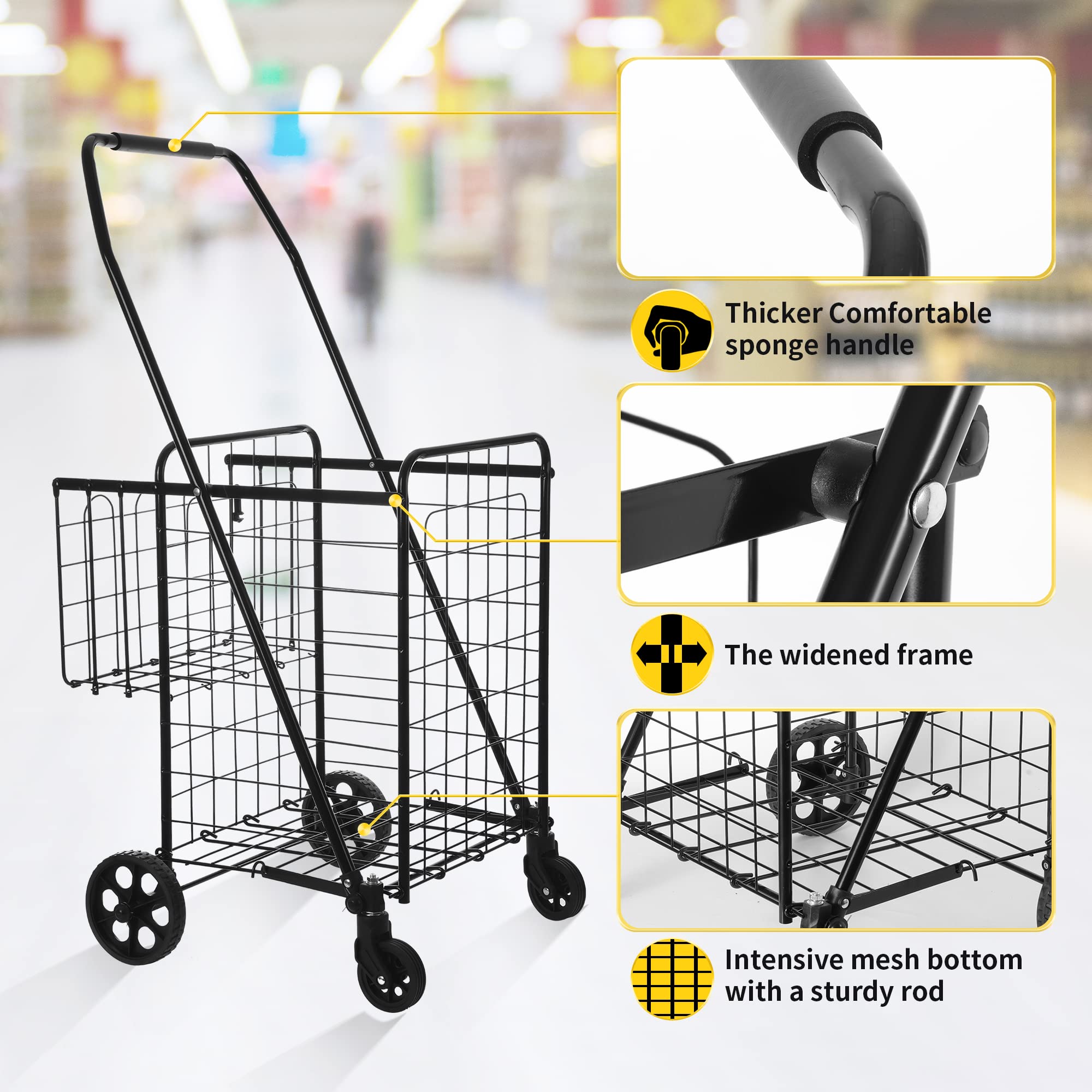 BIEAMA Folding Shopping Cart with Waterproof Liner, Grocery Cart Large Bag with Top Cover, 200 Lb Capacity, Utility Cart with 360° Rolling Swivel Wheels, Medium & Extra Basket