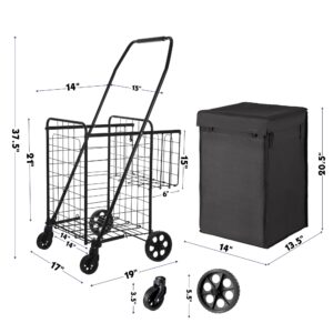 BIEAMA Folding Shopping Cart with Waterproof Liner, Grocery Cart Large Bag with Top Cover, 200 Lb Capacity, Utility Cart with 360° Rolling Swivel Wheels, Medium & Extra Basket