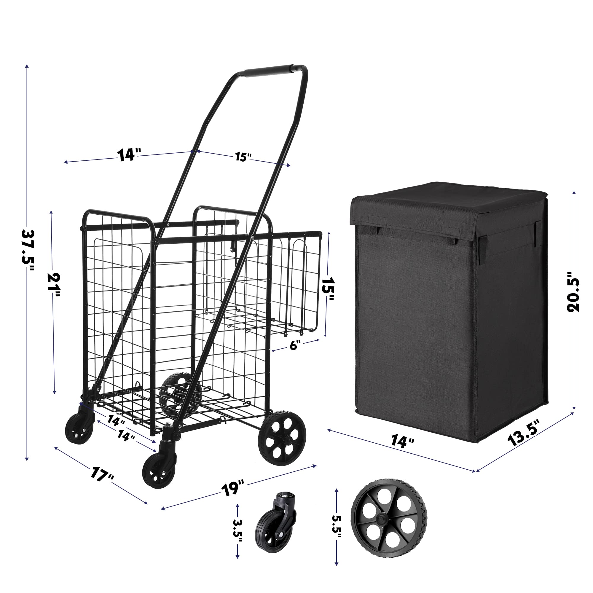 BIEAMA Folding Shopping Cart with Waterproof Liner, Grocery Cart Large Bag with Top Cover, 200 Lb Capacity, Utility Cart with 360° Rolling Swivel Wheels, Medium & Extra Basket