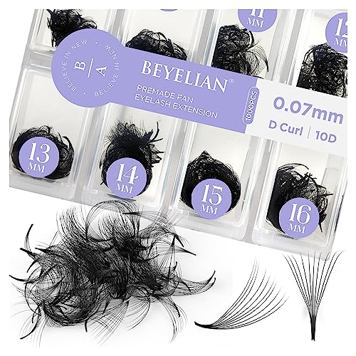 1000 Fans Premade Fans Eyelash Extensions BEYELIAN 0.07mm 10D D Curl Volume Lash Extensions Pre Made Fans Lash Extensions Handmade Promade Loose Fans Thin Base 9-16mm Mixed