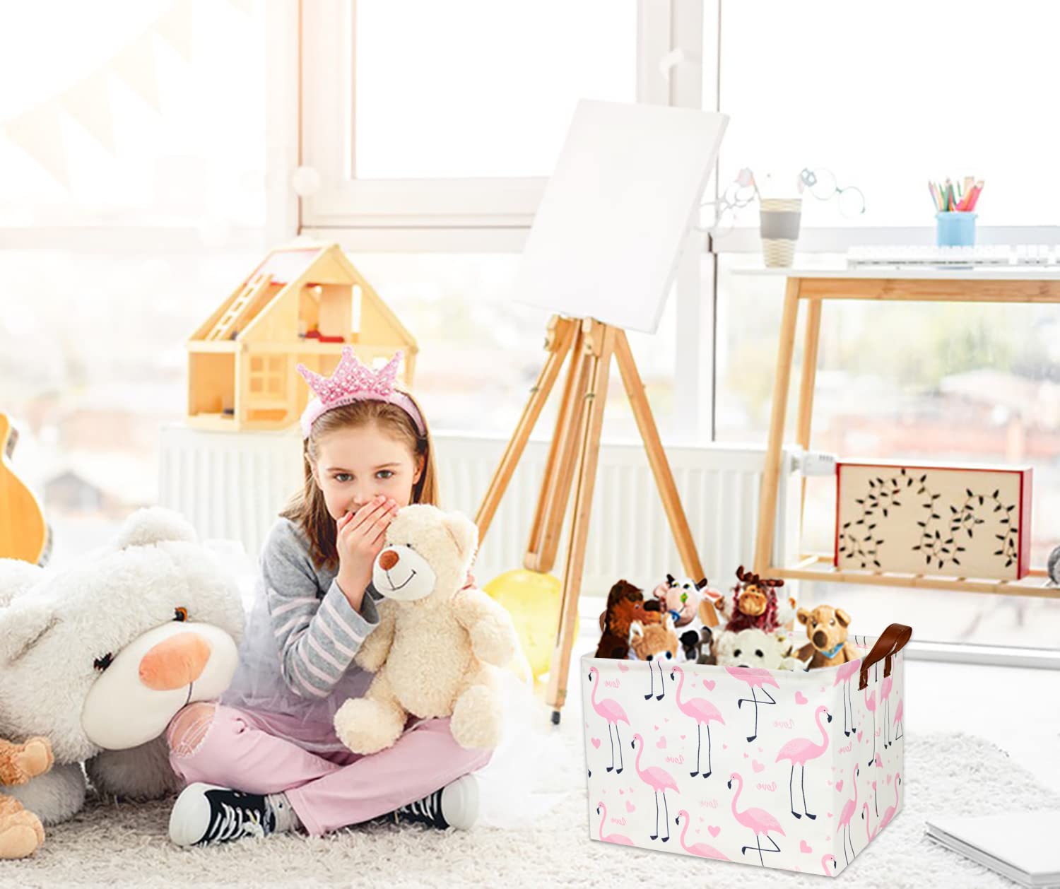 DDBASKET Flamingo Pink Basket Nursery Girl Baby Storage Basket Rectangular Cute Pattern Kids Toy Storage Bin Organizer Book Shelf Basket Baby Girls Flamingo Room Decor(Love Flamingo)