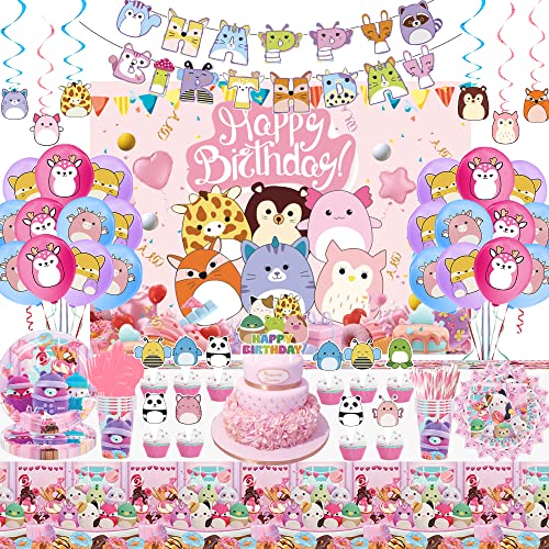 PCS Cute Kitty Party Supplies, Pink Cat Party Decoration Include Balloons, Backdrop, Tablecloth, Cake topper, Plates, Hanging Swirls Party Favors for Serves 10 Guests