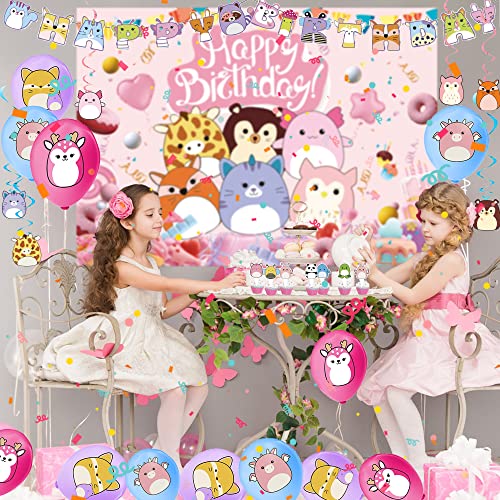 PCS Cute Kitty Party Supplies, Pink Cat Party Decoration Include Balloons, Backdrop, Tablecloth, Cake topper, Plates, Hanging Swirls Party Favors for Serves 10 Guests