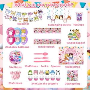 PCS Cute Kitty Party Supplies, Pink Cat Party Decoration Include Balloons, Backdrop, Tablecloth, Cake topper, Plates, Hanging Swirls Party Favors for Serves 10 Guests