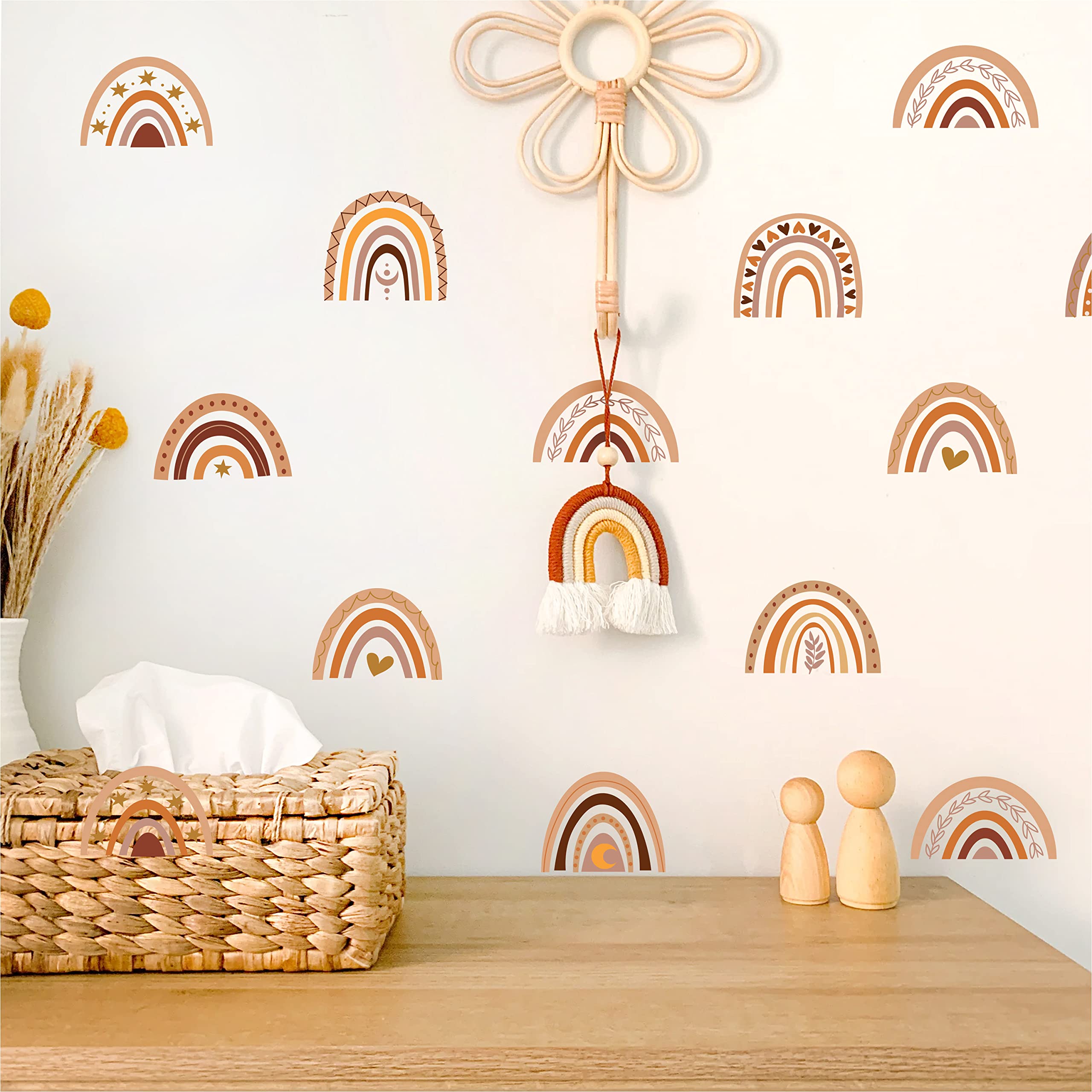 44pcs Boho Small Rainbow Wall Decals for Girls Boys Bedroom Peel Stick - Kids Wall Stickers Playroom Nursery Classroom Daycare Vintage Beige Kids Wall Stickers Playroom Bohemian Removable Wall Decals