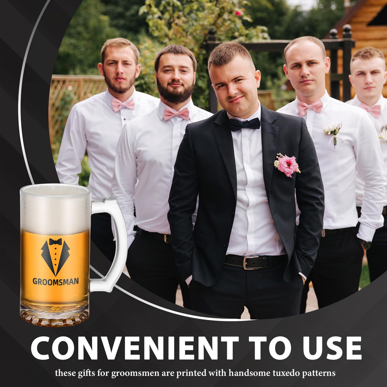 Tanlade 6 Pack Groomsmen Beer Mug 12oz Tuxedo Engraved Groomsmen Beer Glasses Wedding Party Gifts for Thank You Groomsmen Grooms Gifts Proposal Bachelor Party Favor 3 Styles