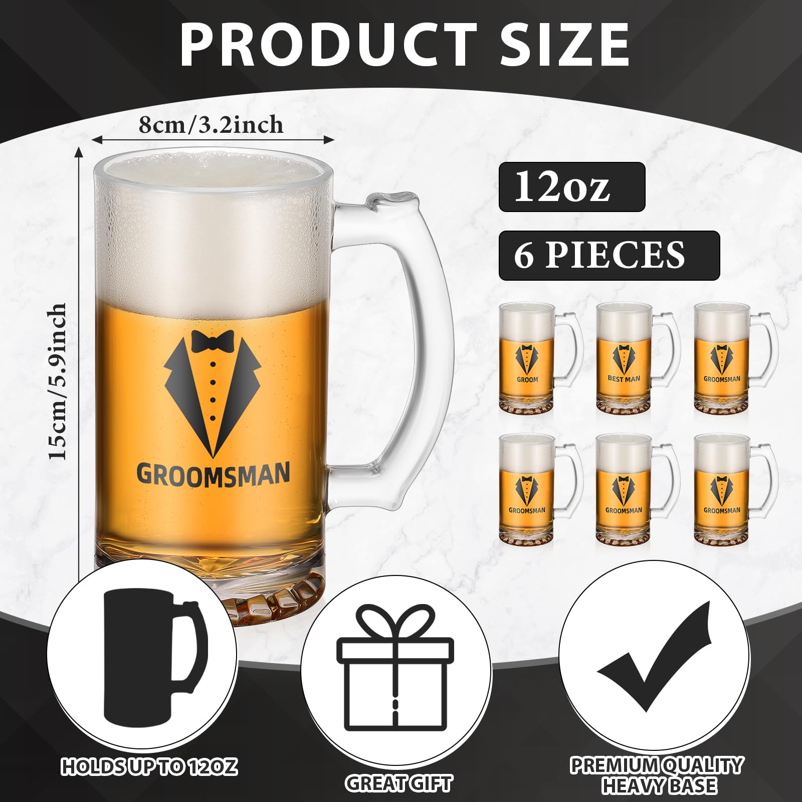 Tanlade 6 Pack Groomsmen Beer Mug 12oz Tuxedo Engraved Groomsmen Beer Glasses Wedding Party Gifts for Thank You Groomsmen Grooms Gifts Proposal Bachelor Party Favor 3 Styles