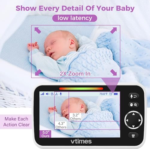 VTimes Baby Monitor Video Baby Monitor with Camera and Audio No WiFi 5" LCD Screen, Two-Way Audio, Night Vision,1000ft Range, 2X Zoom Temperature Display, Lullaby Elderly Pet