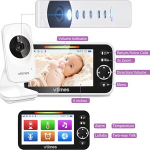 VTimes Baby Monitor Video Baby Monitor with Camera and Audio No WiFi 5" LCD Screen, Two-Way Audio, Night Vision,1000ft Range, 2X Zoom Temperature Display, Lullaby Elderly Pet