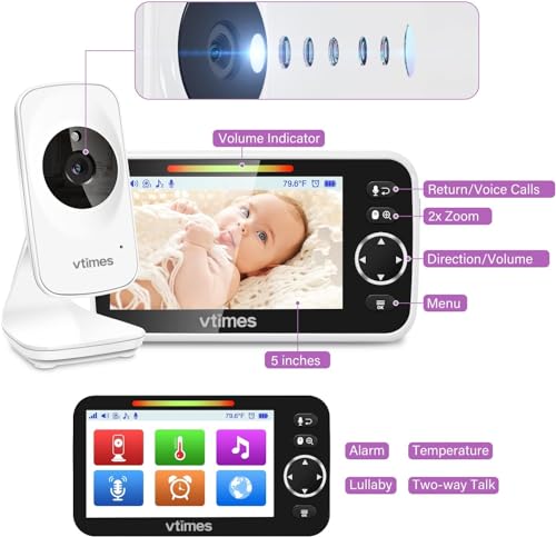 VTimes Baby Monitor Video Baby Monitor with Camera and Audio No WiFi 5" LCD Screen, Two-Way Audio, Night Vision,1000ft Range, 2X Zoom Temperature Display, Lullaby Elderly Pet