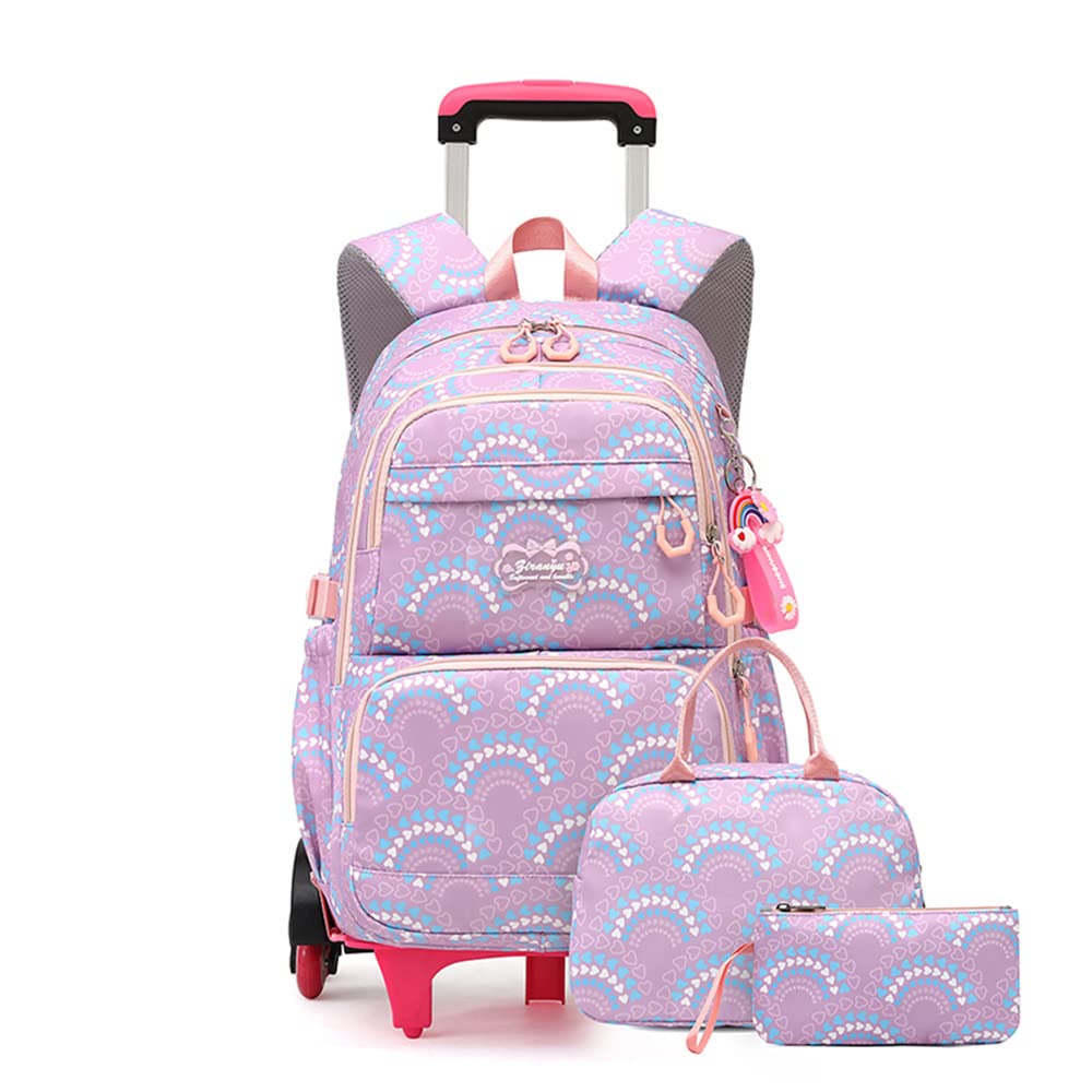 YJMKOI Girls Rolling Backpack Set Trolley Backpack for Girls with Lunch Box Carry-on Luggage BookBag Kids School Bags with Wheels