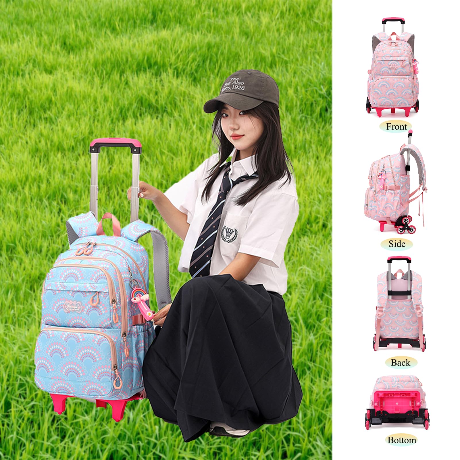 YJMKOI Girls Rolling Backpack Set Trolley Backpack for Girls with Lunch Box Carry-on Luggage BookBag Kids School Bags with Wheels