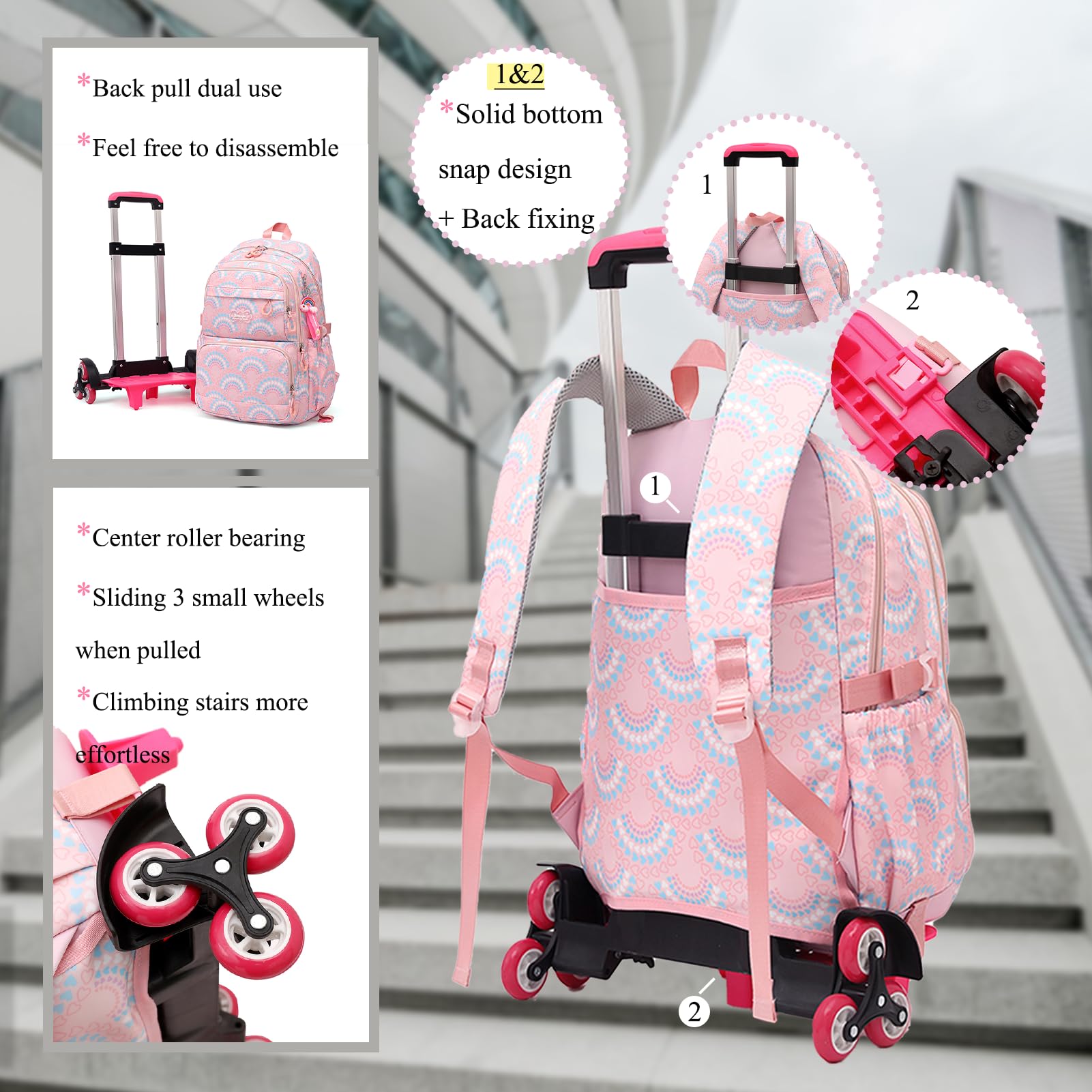 YJMKOI Girls Rolling Backpack Set Trolley Backpack for Girls with Lunch Box Carry-on Luggage BookBag Kids School Bags with Wheels