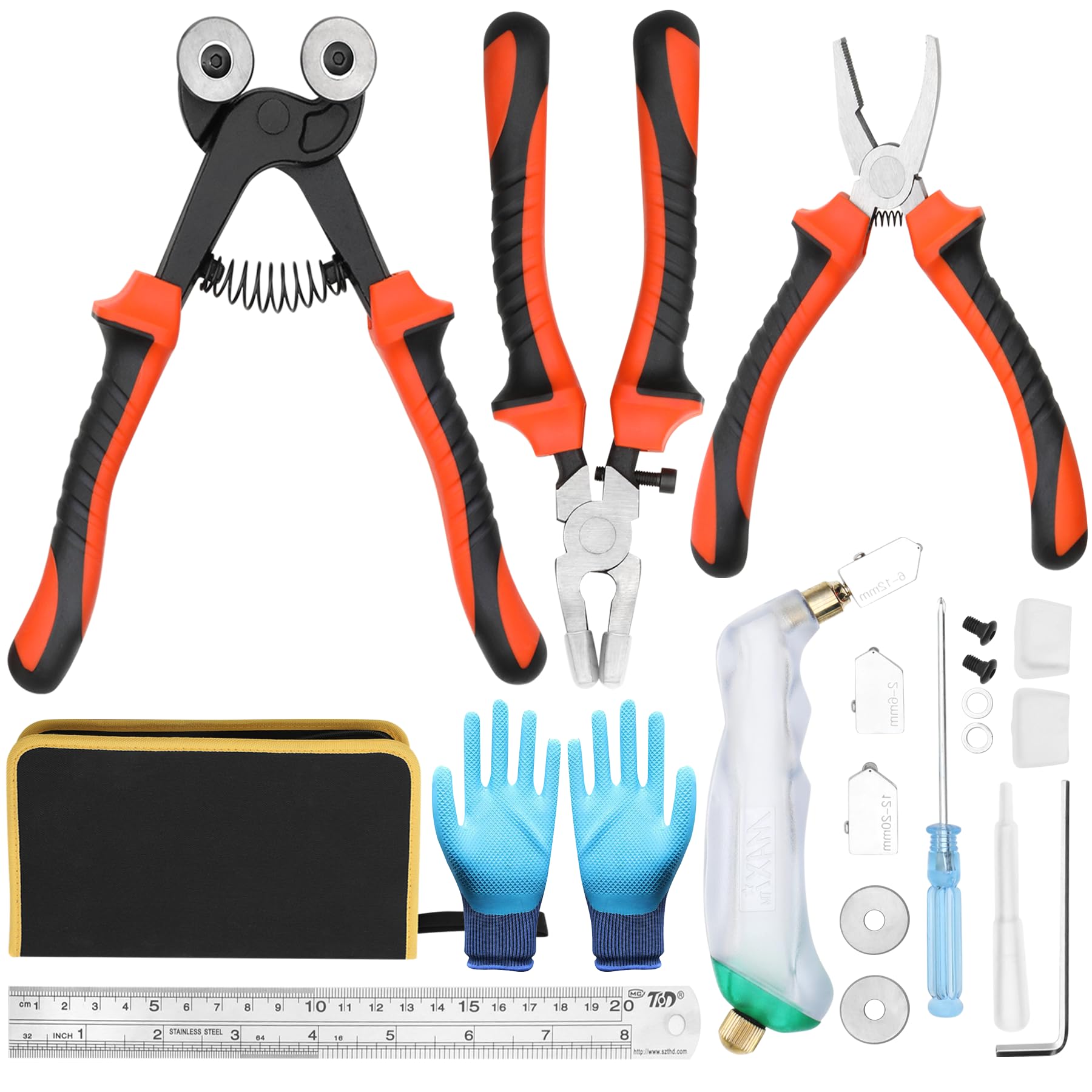 SOROA 21PCS Heavey Duty Mosaic Glass running pliers Kits-Include Mosaic Wheeled Glass Nipper with Replacement Glass Running Pliers-Breaker Grozer Plier with Oil Feed Stained Glass Cutter Tool Set