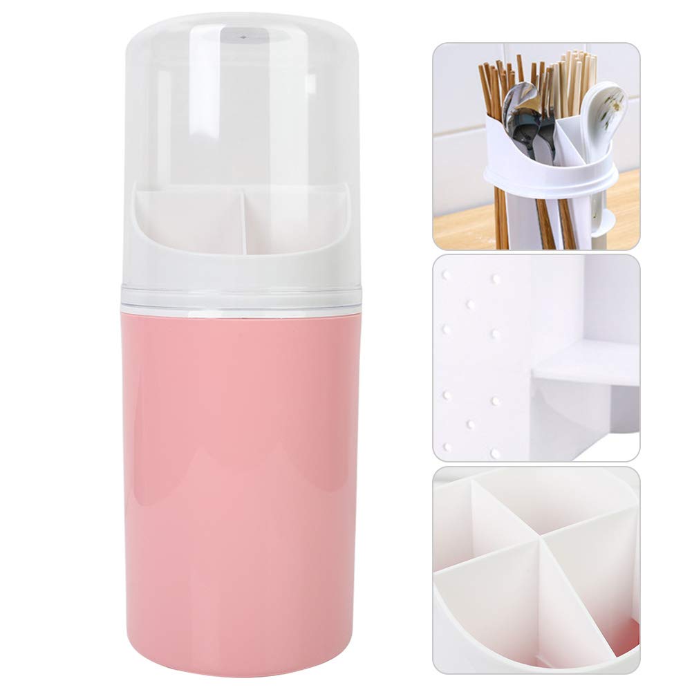 Utensil Drying Caddy, Reusable Plastic Cutlery Holder with Cover 4 Slots Cutlery Storage Organizer for Forks Spoons Cutlery Caddy Bin(Pink)