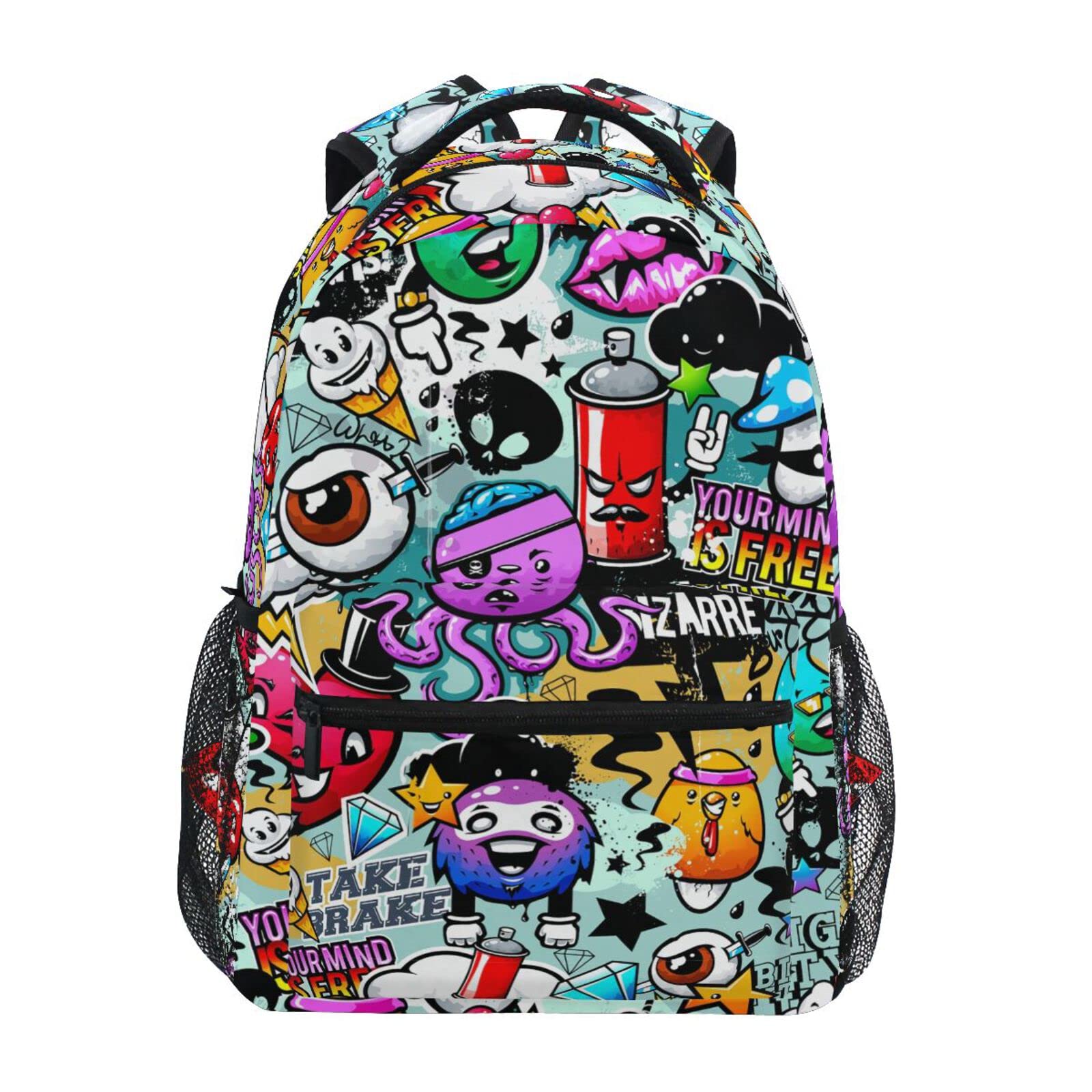 Vnurnrn Kids Travel Backpack for Boys Girls, Coloured Graffiti Print Large Capacity with Name Tag Slot