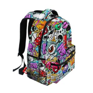 Vnurnrn Kids Travel Backpack for Boys Girls, Coloured Graffiti Print Large Capacity with Name Tag Slot