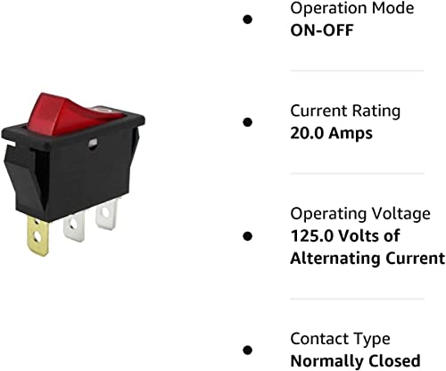 15A-20A Red Lighted Rocker Switch 3 Prong ON/Off （with Neon Lamp) for Electric Fireplaces, FMI Desa,Electric Fire Place, Grinder, Surge Protector, Delta Sander