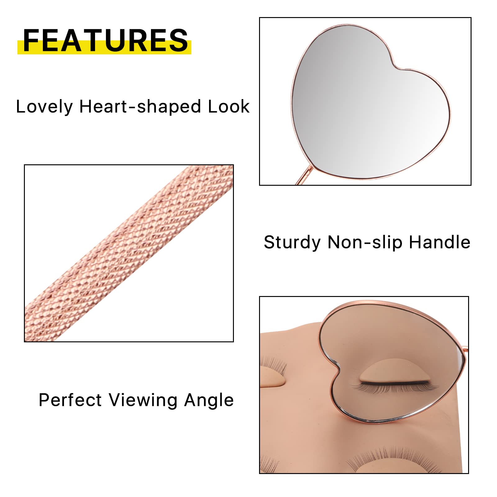 Miuffue 2.2inch Lovely Lash Mirror, Heart Shaped Detachable Stainless Steel Eyelash Mirror, Lash Mirror for Eyelash Extensions, Lash Extension Supplies and Tool for Lash Techs, Rose Gold