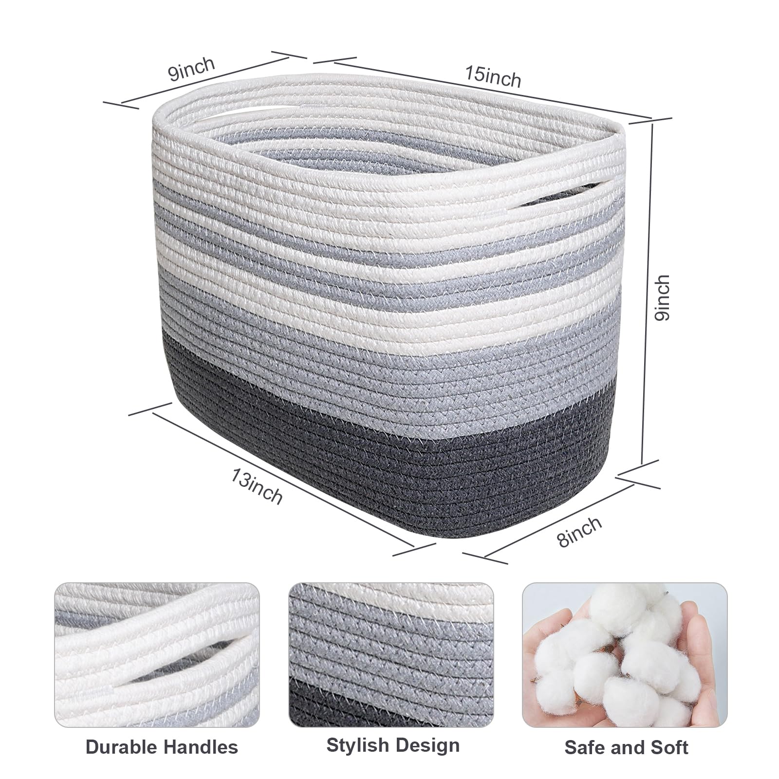 Andhuhu Storage Basket Organizer 3 Packs, 15"X8"X9" Woven Basket with Handles, Blanket Basket Living Room, Towel Basket Cotton Rope Basket Storage Bins for Toys, Throws, Nursery Basket, Grey