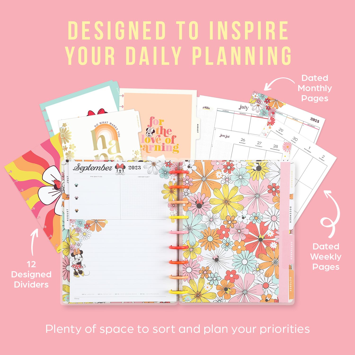 Happy Planner Disney 12-Month Teacher Planner, July 2023–June 2024, Daily, Weekly, and Monthly Disc-Bound Pages, Vertical Layout, Sunny Minnie Theme, Classic Size, 7 Inches by 9 1/4 Inches