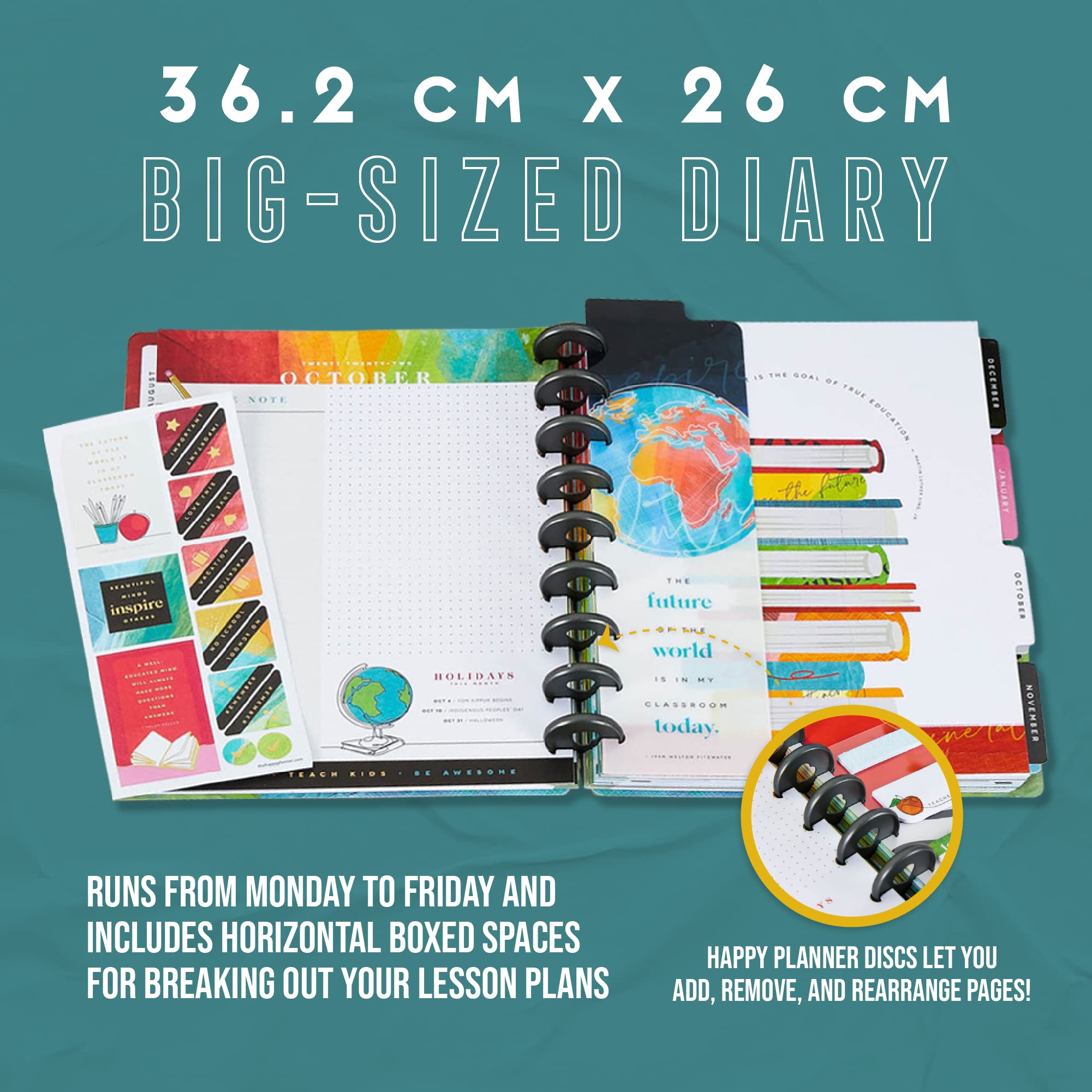 Happy Planner 12-Month Teacher Lesson-Planner Box Kit, Includes Dated Teacher Planner and More, July 2023–June 2024, Big Size, Teacher Notes Theme, 14 1/2 Inches by 10 1/4 Inches