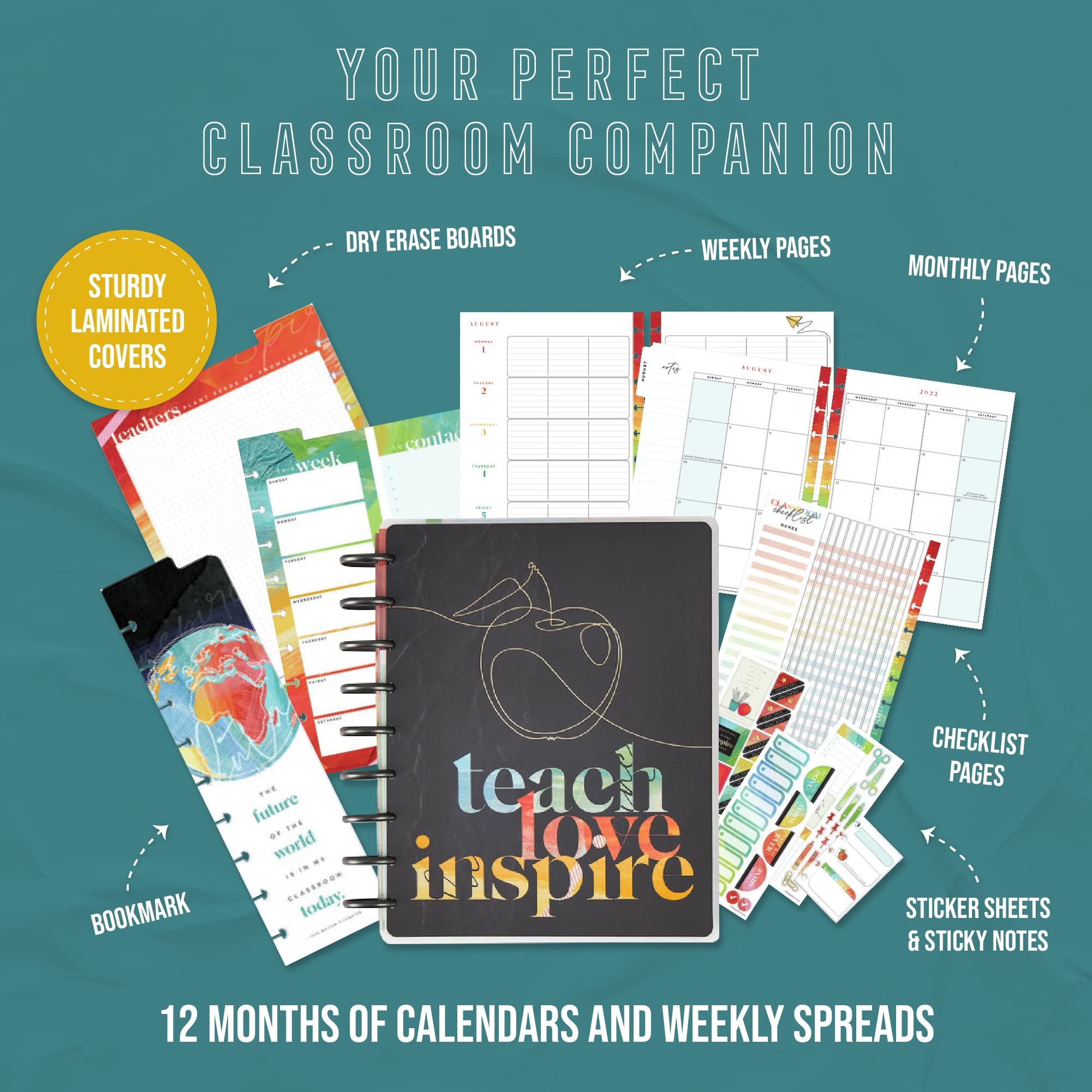 Happy Planner 12-Month Teacher Lesson-Planner Box Kit, Includes Dated Teacher Planner and More, July 2023–June 2024, Big Size, Teacher Notes Theme, 14 1/2 Inches by 10 1/4 Inches